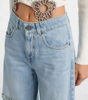 AREA Distressed Embellished Wide-leg Jeans - Blue