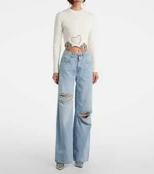 AREA Distressed Embellished Wide-leg Jeans - Blue