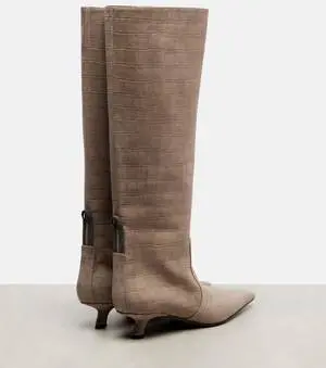 Brunello Cucinelli Monili Croc-effect Suede Knee-high Boots