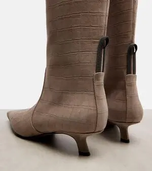 Brunello Cucinelli Monili Croc-effect Suede Knee-high Boots