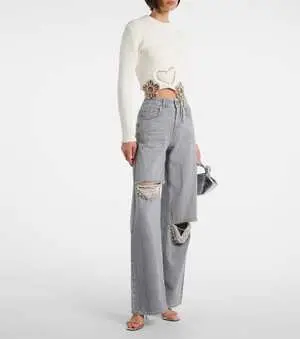 AREA Distressed Embellished Wide-leg Jeans
