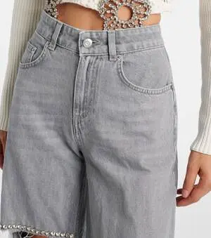 AREA Distressed Embellished Wide-leg Jeans