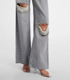 AREA Distressed Embellished Wide-leg Jeans