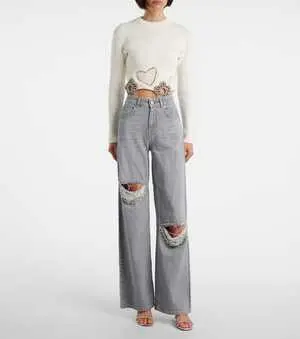 AREA Distressed Embellished Wide-leg Jeans
