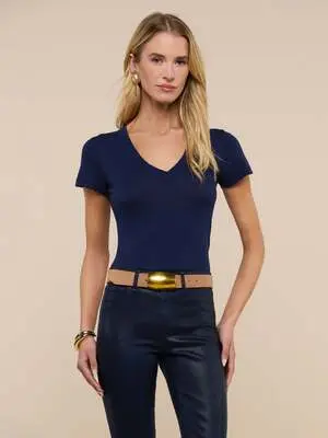 L'Agence Becca Cotton V-neck T-shirt - Navy