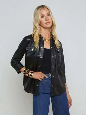 L'Agence Avina Leather Shirt - Black
