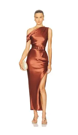 NICHOLAS Eartha Off-shoulder Belted Satin Dress - Brick