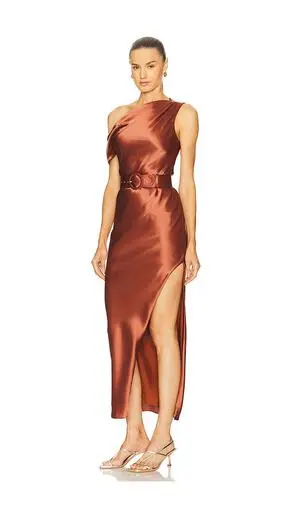 NICHOLAS Eartha Off-shoulder Belted Satin Dress - Brick