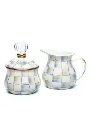 MACKENZIE-CHILDS Sterling Check Enameled Steel Creamer & Sugar Set - Grey/white