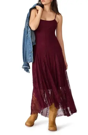 Steve Madden Vita Lace Detail Godet Pleat Dress - Deep Fig