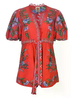 Farm Rio Floral Print Jumpsuit With Puff Sleeves - Red