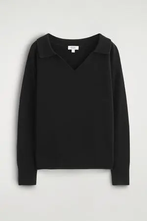 Cos Merino Wool Open Polo Collar Sweater - Black