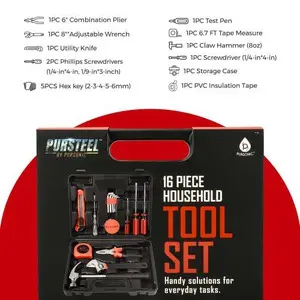 PURSONIC Handy Solutions 16-piece Tool Kit + Cordless Power Scrubber + 2-in-1 Mini Wireless Vacuum & Air Duster Bundle