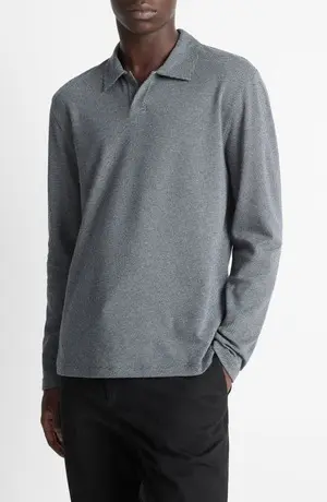 Vince Houndstooth Johnny Collar Long Sleeve Polo - Coastal/heather Grey
