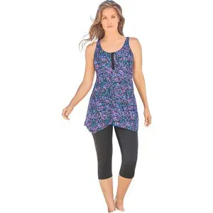 SWIM 365 Longer-Length Handkerchief Hem Tankini Top Black Confetti