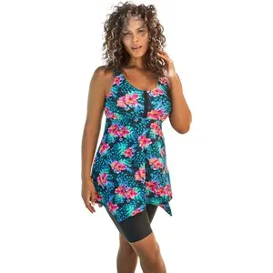 SWIM 365 Longer-Length Handkerchief Hem Tankini Top Trop Animal Turq