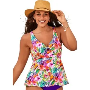 SWIMSUITS FOR ALL Knot Front V-neck Underwire Tankini Top - Island Bright Tropical