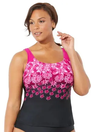 SWIMSUITS FOR ALL Chlorine Resistant Classic Tankini Top With Built-in Shelf Bra - Pink Exploded