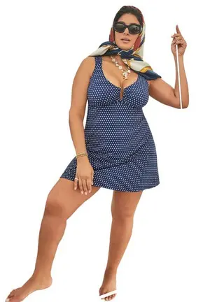 SWIMSUITS FOR ALL U-Neckline Swimdress Navy Pin Dot