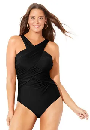 SWIMSUITS FOR ALL High Neck Wrap One-piece Swimsuit - Black