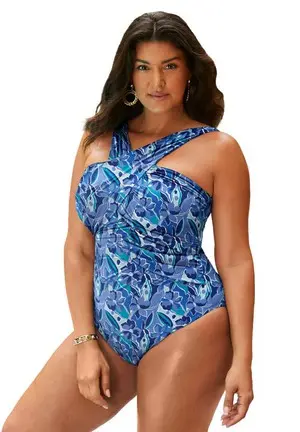 SWIMSUITS FOR ALL High Neck Wrap One-Piece Swimsuit Blue Paradise
