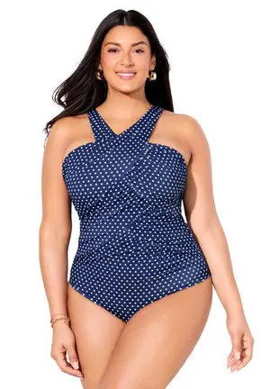 SWIMSUITS FOR ALL High Neck Wrap One-piece Swimsuit - Navy Pin Dot