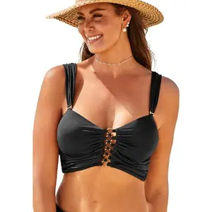 SWIMSUITS FOR ALL Shimmer Shirred Ring Bandeau Bikini Top - Black