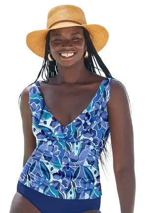 SWIMSUITS FOR ALL Ruffle V-neck Tankini Top - Blue Paradise