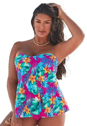 SWIMSUITS FOR ALL Flyaway Bandeau Tankini Top - Hula Palm