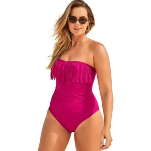 SWIMSUITS FOR ALL Fringe Bandeau One Piece Swimsuit - Bright Berry