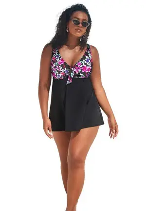 SWIMSUITS FOR ALL Tie Front V-neck Swimdress - Red Floral