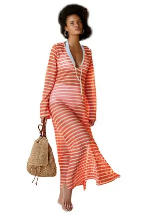 SWIMSUITS FOR ALL Lightweight Crochet V-neck Dress Cover Up - Orange Cream Stripe