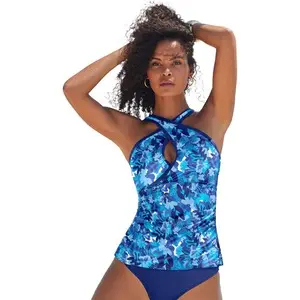 SWIMSUITS FOR ALL Crisscross High Neck Tankini Top - Cool Blue Flower