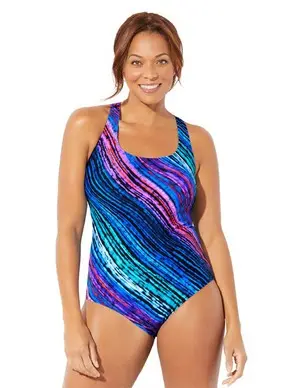 SWIMSUITS FOR ALL Chlorine Resistant Crossback One Piece Swimsuit - Diagonal Stripe
