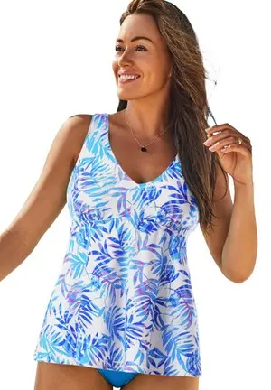 SWIMSUITS FOR ALL V-Neck Flowy Tankini Top Blue Purple Palm