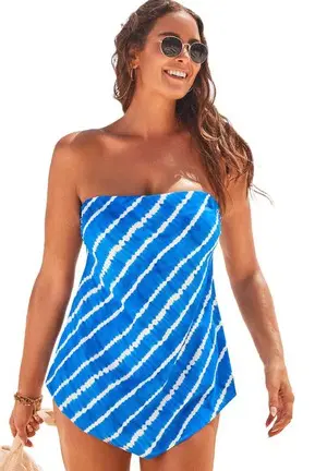 SWIMSUITS FOR ALL Longer Length Bandeau Tankini Top - Blue Tie Dye