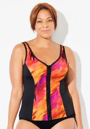 SWIMSUITS FOR ALL Chlorine Resistant Sweetheart Zip Front Tankini Top - Lava Brushstroke
