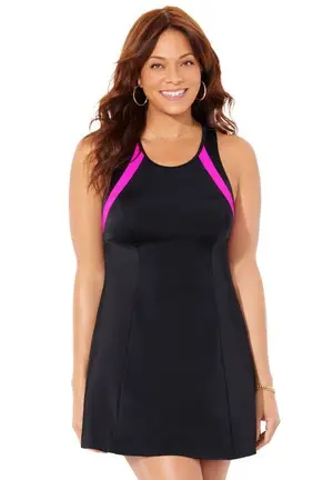 SWIMSUITS FOR ALL High Neck Two Piece Racerback Swimdress - Black Fluorescent Pink