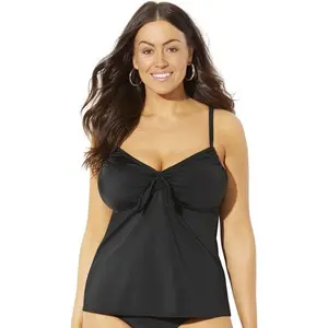 SWIMSUITS FOR ALL Tie Front Underwire Tankini Top - New Black