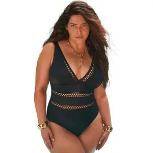 SWIMSUITS FOR ALL Lattice Plunge One-piece Swimsuit - Black