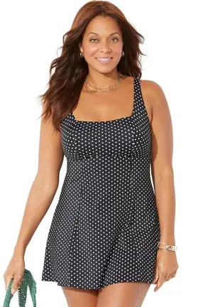 SWIMSUITS FOR ALL Squareneck Swimdress - White Dots