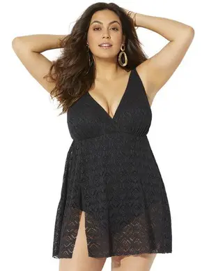 SWIMSUITS FOR ALL Crochet Side Slit V-neck Swimdress - New Black