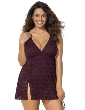 SWIMSUITS FOR ALL Crochet Side Slit V-neck Swimdress - Plum