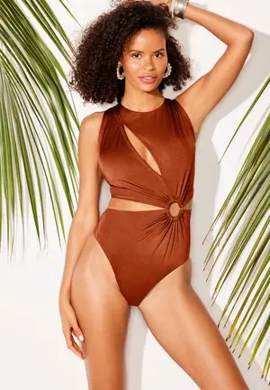 SWIMSUITS FOR ALL Shimmer High Neck One Piece Swimsuit With Ring Detail