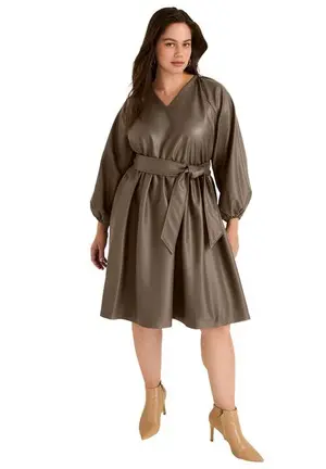 JUNE + VIE Faux Leather V-neck Mini Dress With Self-tie Belt
