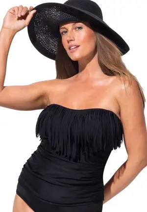 SWIMSUITS FOR ALL Fringe Bandeau Tankini Top - Black