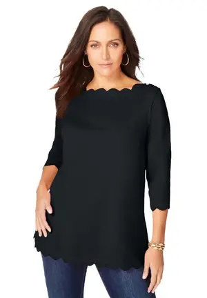 JESSICA LONDON Scalloped Boatneck Tunic With Three-quarter Sleeves - Black