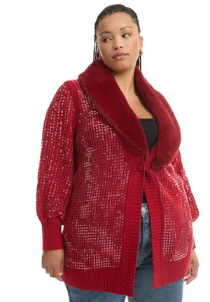 JUNE & VIE Sequin Button-up Sweater With Faux-fur Collar - Bold Red