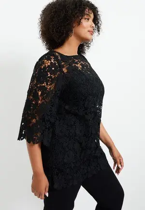 JUNE + VIE Allover Lace Boatneck Top - Black