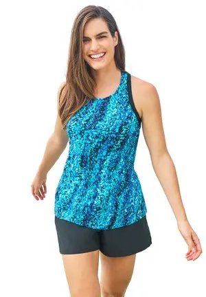 SWIM 365 Longer Length High-neck Racerback Tankini Top - Aqua Abstract